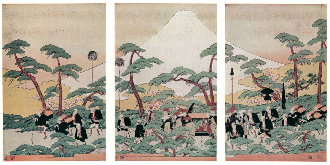 Daimyô’s Procession Passing Mount Fuji (Triptych) - Kitagawa Utamaro ...