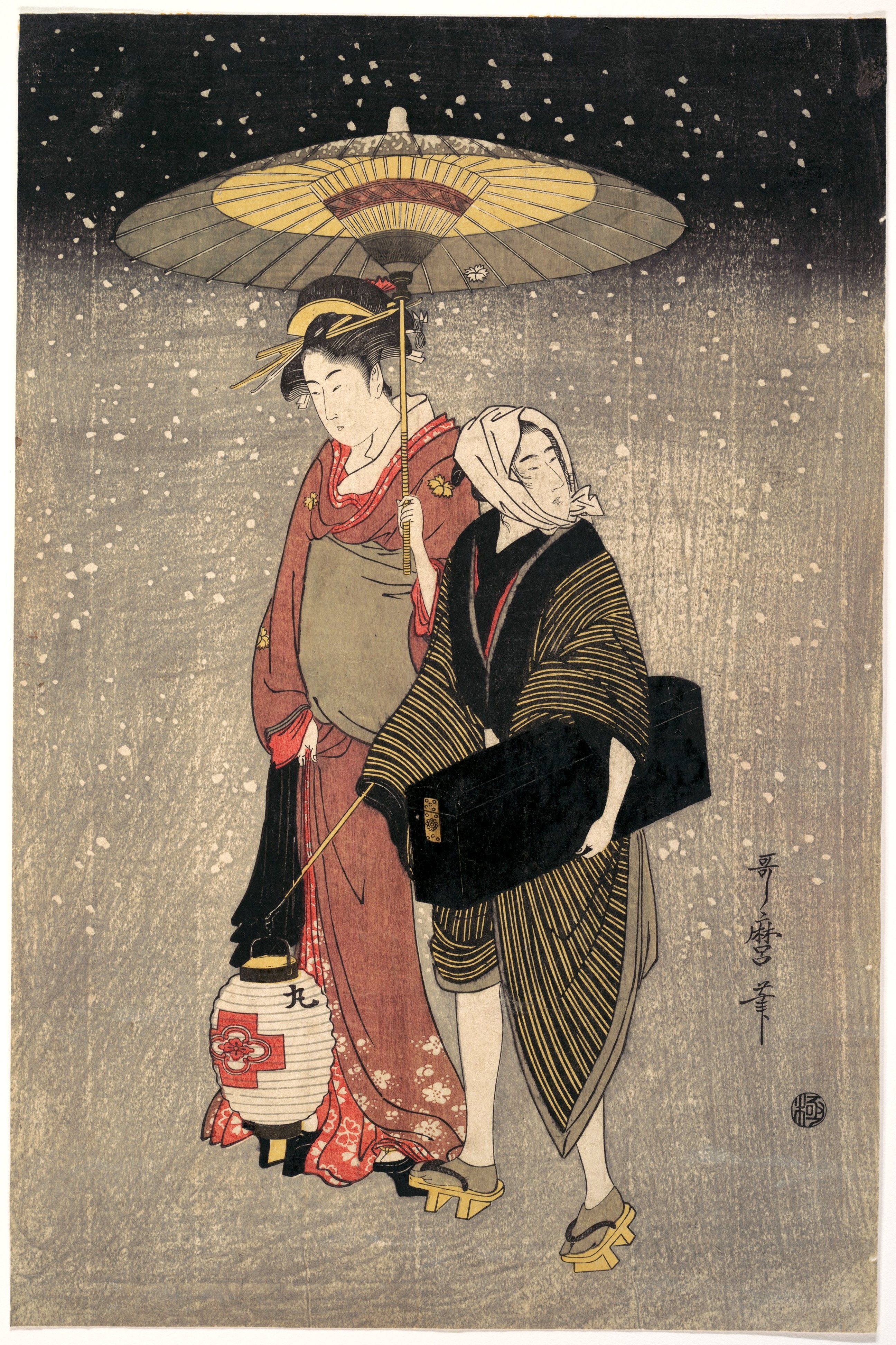 Geisha Walking through the Snow at Night - - Kitagawa Utamaro ...