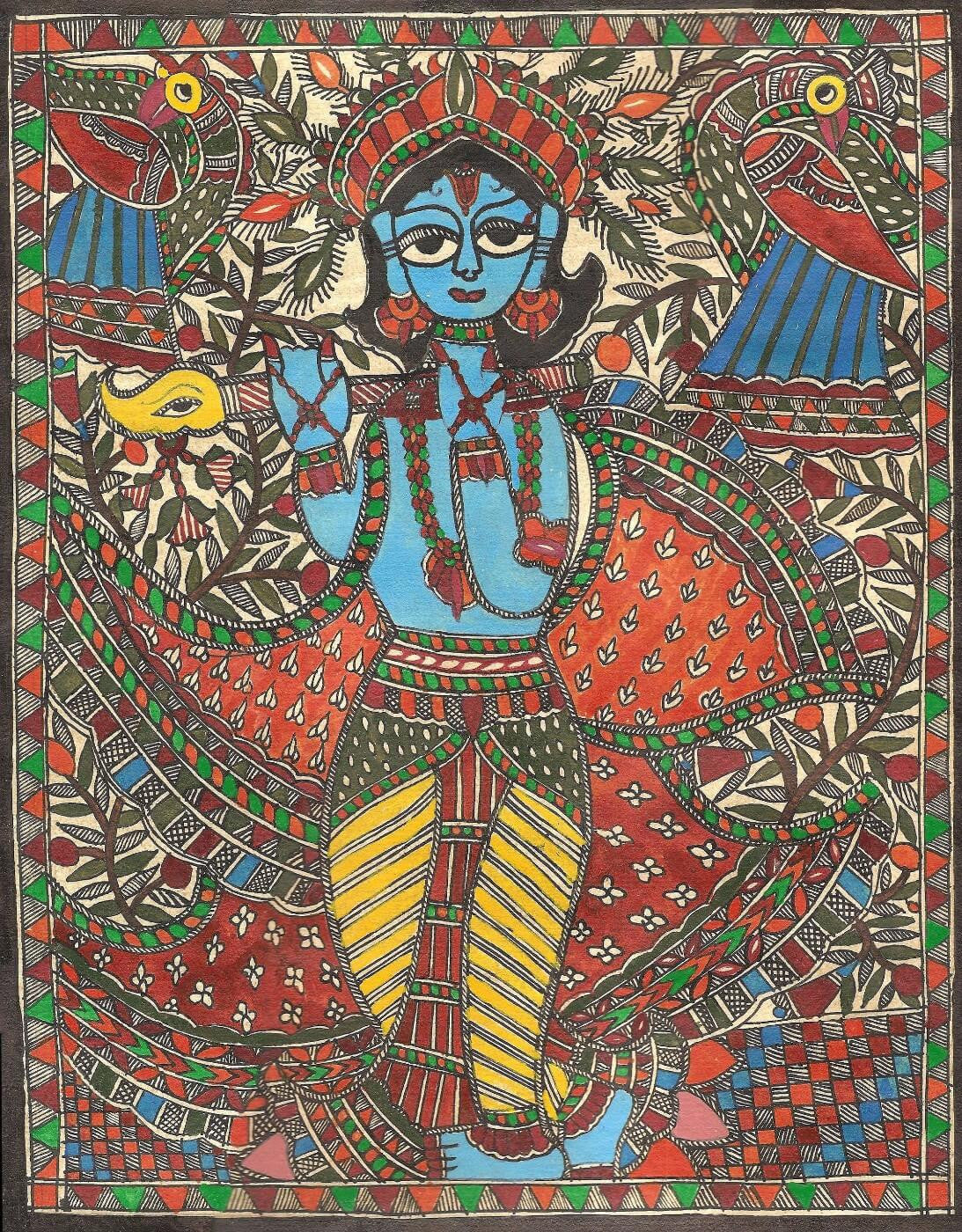 Indian Miniature Art - Madhubani Painting - Lord Krishna - Canvas ...