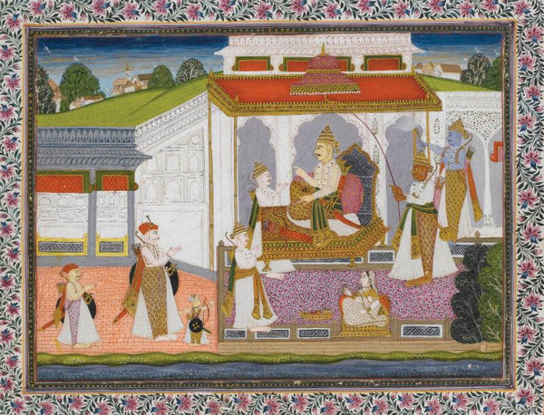 Indian Miniature Art - A Durbar scene depicting a Hindu Raja surrounded ...
